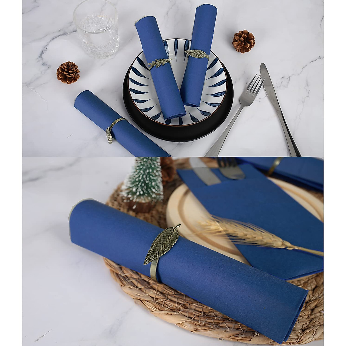 Linen-Feel Navy Blue Paper Napkins, 50 Pcs Cloth Like Dinner Napkins with Built-in Flatware Pocket, Pre-Folded Absorbent Napkins Disposable Guest Paper Hand Towels for Bathroom, Weddings Party Napkins