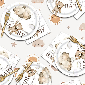 We Can Bearly Wait Bear Baby Shower Party Supplies Serves 24, Includes Plates, Napkins, Forks, Brown Nude Party Tableware Set for Boy Girl, Total 96PCS