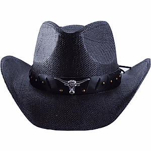 Western Outback Cowboy Hat Men's Women's Style Straw Felt Canvas (Black Bull)
