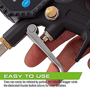 ARCAN Professional Tools Digital Tire Inflator and Gauge with Valve Core Remover, 3-200 PSI Range, Digital Display Screen with PSI/BAR/KPA/KGF Readings, Dual AAA Battery Powered (ADTIAG)