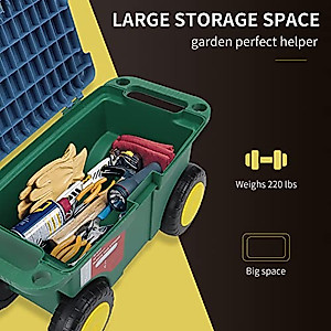 Portable Multi-Function Garden Cart with Seat and Wheels, Gardening Rolling Tool Cart with Storage Bin and Tool Tray, Outdoor Garden Stool and Wagon with Traction Rope for Weeding Gardening Lawn Care