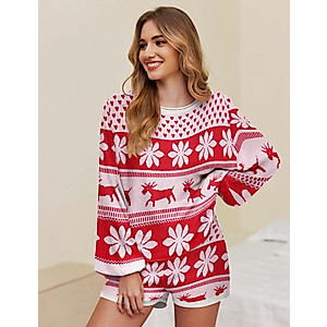 Ekouaer Knit Pajamas Set for Women Lounge Sets 2 Piece Long Sleeve Top and Shorts Pj Soft Sleepwear Cute Sweater Outfits Christmas White S