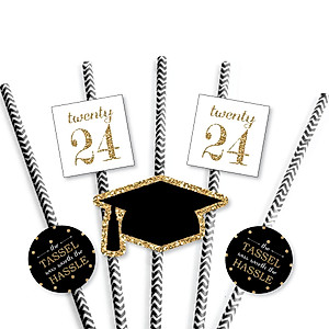Big Dot of Happiness Gold 2024 Graduation Paper Straw Decor - Party Striped Decorative Straws - Set of 24