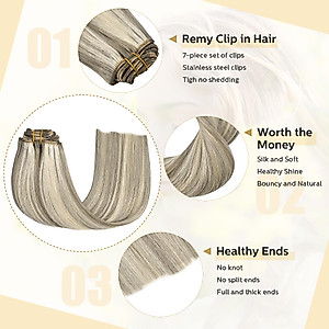 VARIO HAIR Clip in Hair Extensions Blonde Highlighted Human Hair Balayage Hair Extensions Mixed Bleach Blonde 12 Inch 70g Fine Hair Full Head Silky Straight 100% Human Hair Clip In Extensions