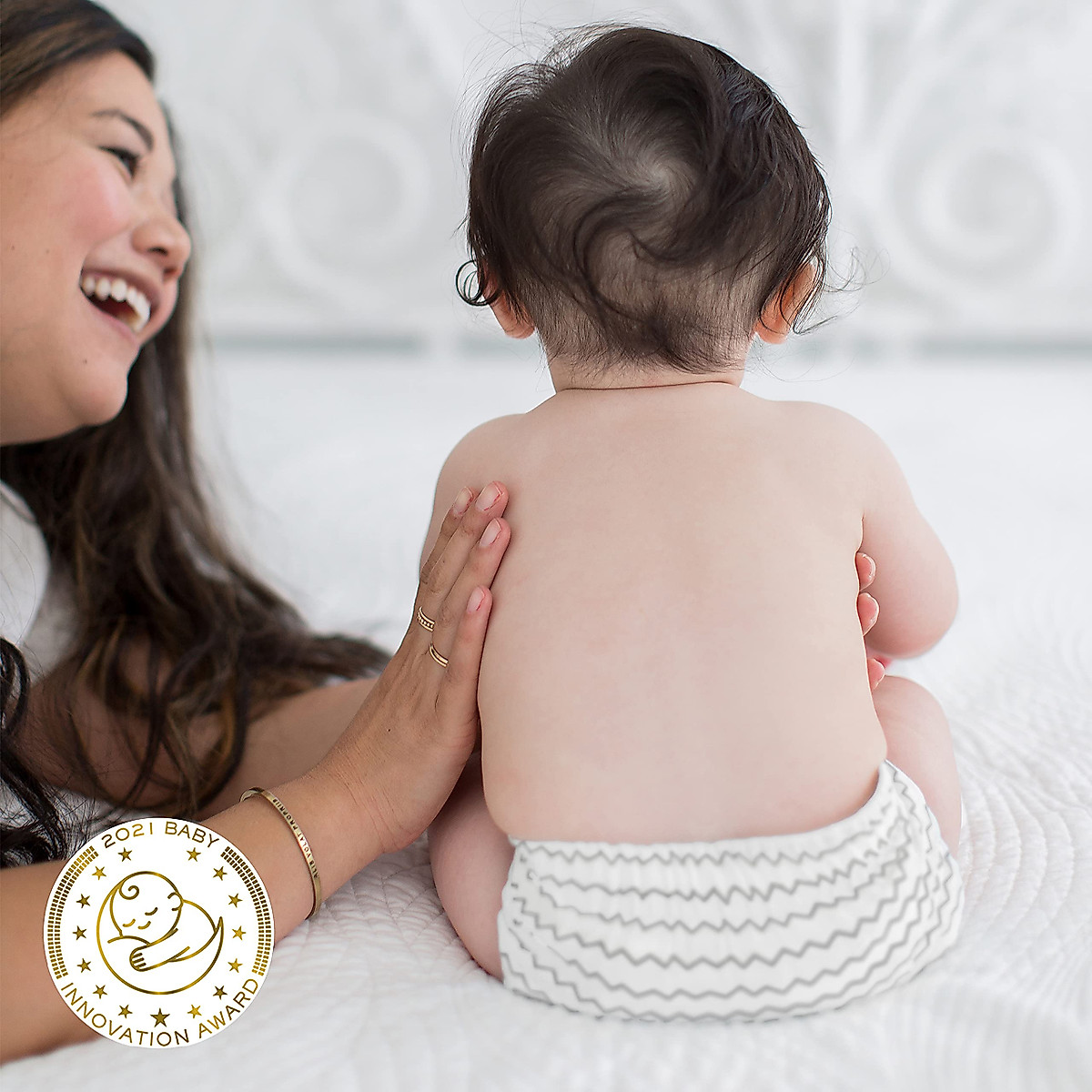 SmartNappy Cotton Muslin by Amazing Baby, NextGen Hybrid Cloth Diaper Cover + 1 Tri-fold Reusable Insert + 1 Reusable Booster, Mini Chevron, Gray, Size 3, 12-25 lbs