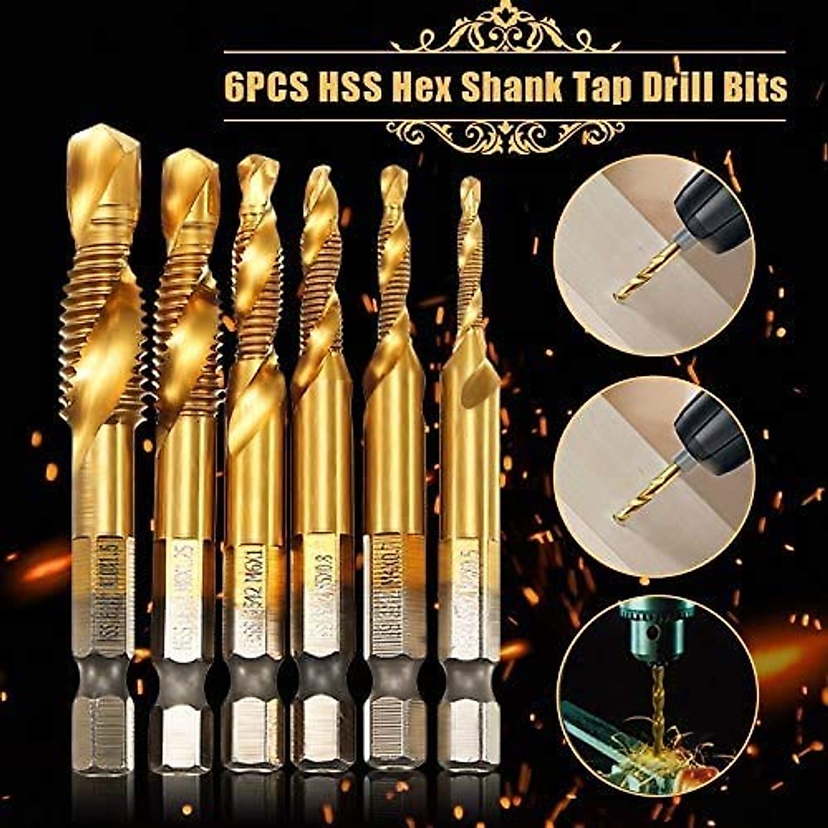 6Pcs M3 M4 M5 M6 M8 M10 Coated HSS Spiral Flute Metric Taps Set Metric Thread Tap Drill and Tap Bits 1/4" Hex Shank Screw Taps Tool Set