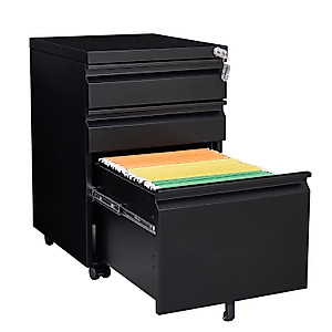 FIVESHOW 3-Drawer Mobile File Cabinet with Lock, Office Storage Filing Cabinet for Legal/Letter Size, Pre-Assembled Metal File Cabinet Except Wheels Under Desk(Black) (Black)