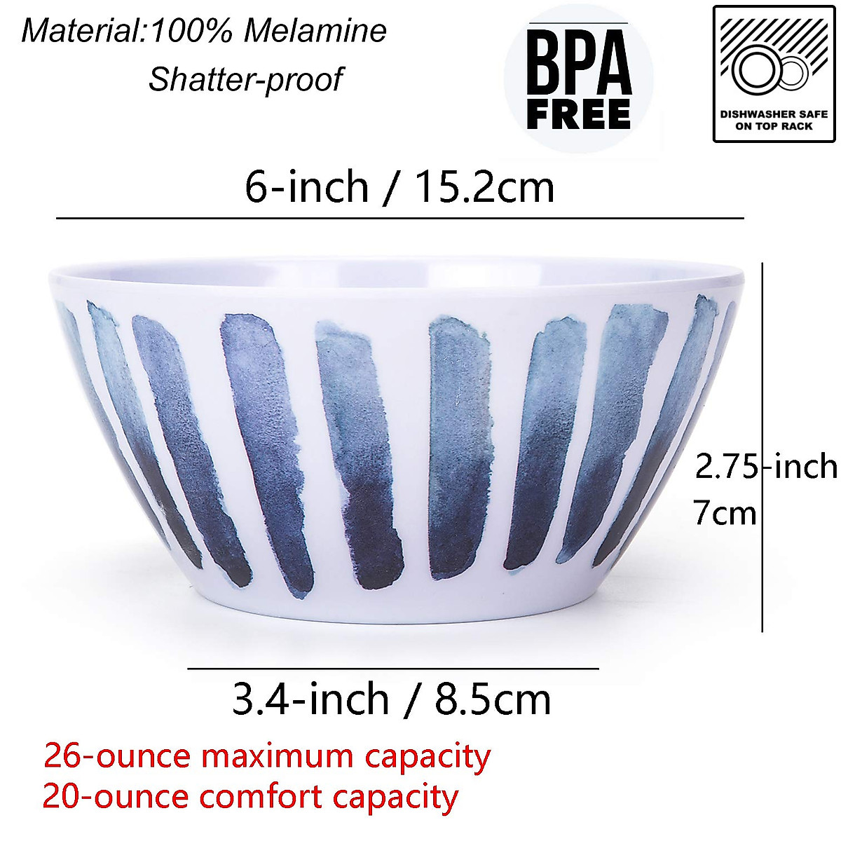 KX-WARE Blue Stripe Melamine Bowls, 6-inch 100% Melamine Cereal/Soup/Salad Bowls, set of 6
