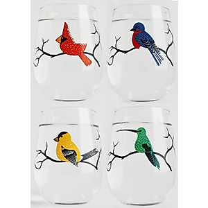 Bird Glassware Set of 4 Stemless Wine Glasses, Cardinal, Bluebird, Yellow Finch, Hummingbird Glass Collection
