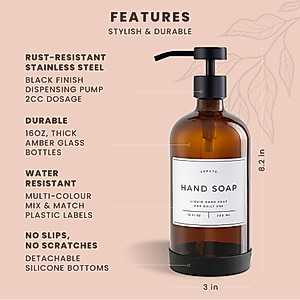 Verute 16oz Glass Soap Dispenser with Stainless Steel Pump, 21 Waterproof Labels, Non-Slip Protective Silicone Pad, Set of 2 for Bathroom & Kitchen (Amber Bottle/Black Pump)