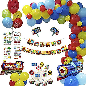 Train Birthday Party Supplies Set - Train Party Decorations with Railroad Balloons Garland,Train Birthday Banner,Train Balloons,Railway Cupcake Toppers for Steam Train Birthday Party,Baby Shower