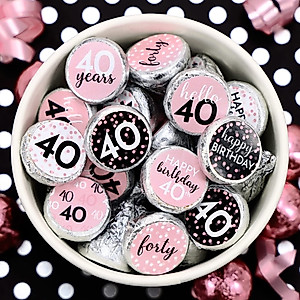 Pink, Black, and White 40th Birthday Party Favor Chocolate Kisses Candy Stickers, Pink Birthday Decorations for Women - 180 Count