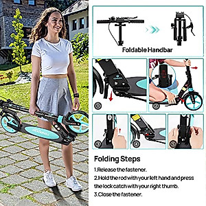 TENBOOM Scooter for Ages 8+ Teens and Adults Kick Scooter Foldable with Double Braking System Bells Adjustable Handlebars Kickstand Max Load 220 LBS 8" Big Wheels