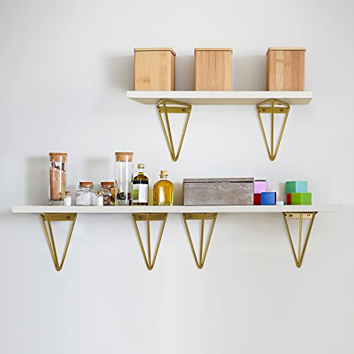 Fixwal 4 Set White Floating Shelves Wall Shelves , Shelves for Wall Decor, White Wall Shelves with Golden Metal Brackets for Bedroom, Living Room, Bathroom, Kitchen, Office Decor