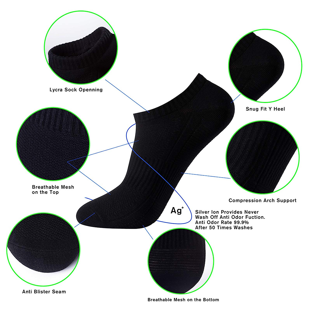 Men's 6-Pack Black Anti Odor Sweat Wicking Quick Dry Casual No Show Sports Socks,Size 7-12