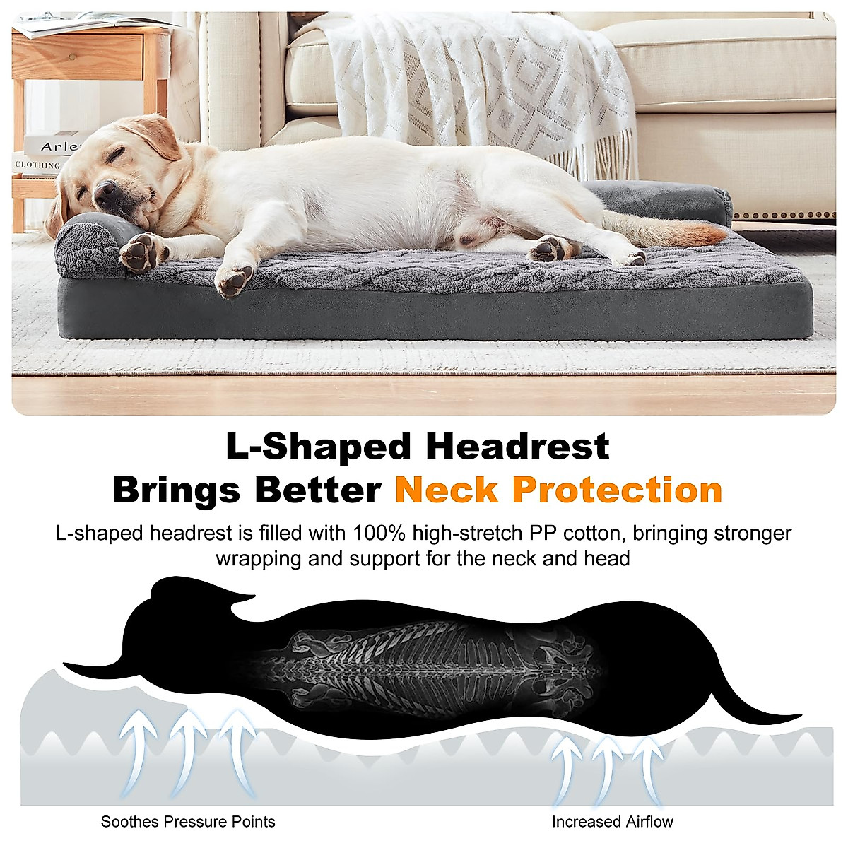 JOEJOY Orthopedic Dog Bed for Extra Large Dogs, Egg Crate Foam Dog Beds with Removable Washable Cover, Cozy Waterproof Lining Bolster Pet Sleeping Beds, Anti-Slip Bottom Dog Sofa Bed 44"x32"