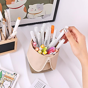 iSuperb Standing Pencil Case Large Pencil Pouch Pen Holder Makeup Cosmetics Bag for Women Office (Beige)