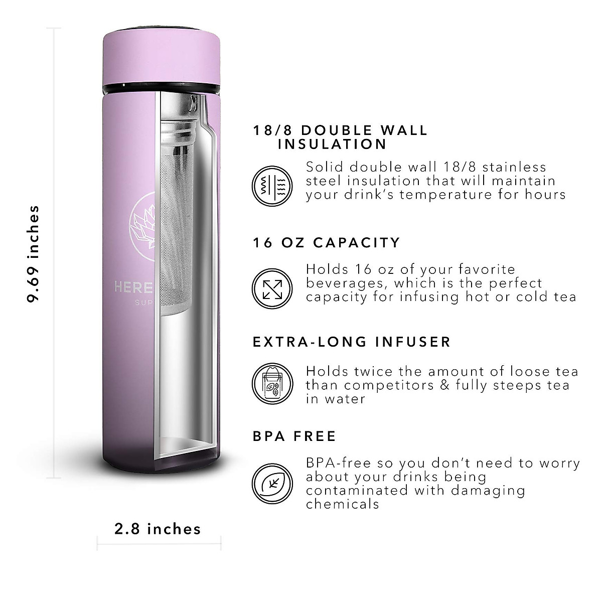 Multi-Purpose Travel Mug and Tumbler | Fruit Infused Flask | Hot & Cold Double Wall Stainless Steel Thermos | EXTRA LONG INFUSER | by Here & Now Supply Co. (Gentle Lilac)