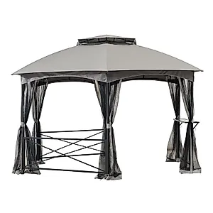 SDGH Outdoor Patio Hexagon Gazebo 13' W X 11' D Dome Top Powder-Coated Steel Frame Gazebo with Net Gray