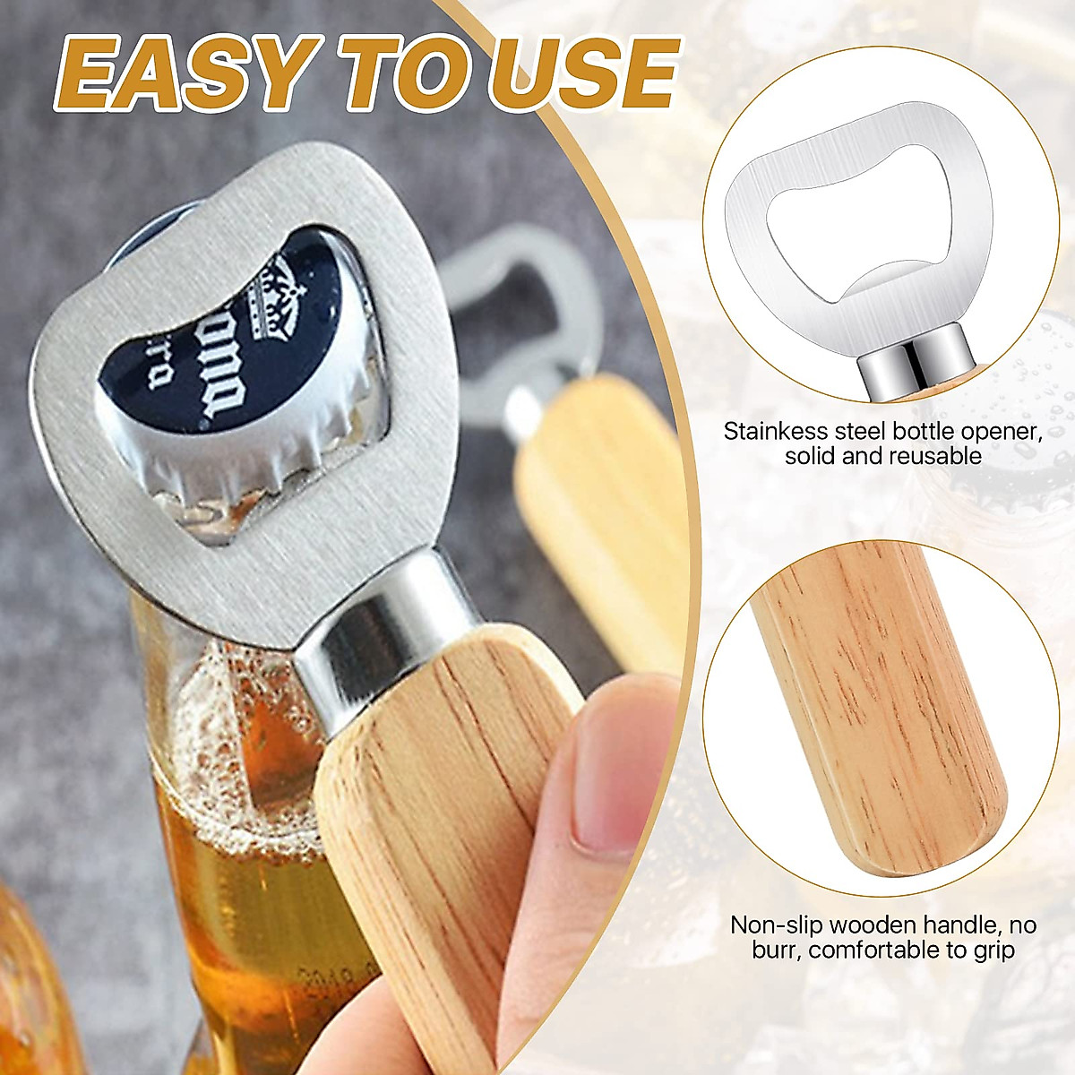 Worldity 20Pcs Wooden Bottle Opener, Stainless Steel Wood Handheld Beer Opener, Funny Bartender Bottle Opener for Groomsmen Gifts, Perfect for Home Kitchen Wedding Party Bar Restaurant