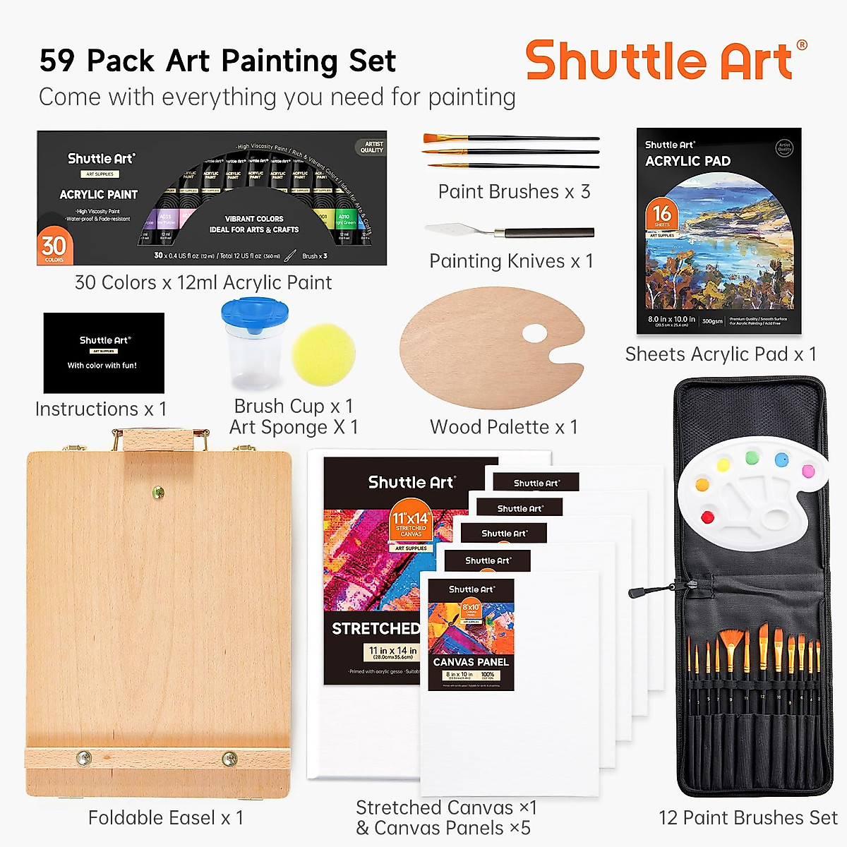 Shuttle Art Acrylic Painting Set, 59 Pack Professional Painting Supplies with Wood Tabletop Easel, 30 Colors Acrylic Paint, Canvas, Brushes, Palette, Complete Painting Kit for Kids, Adults, Artists