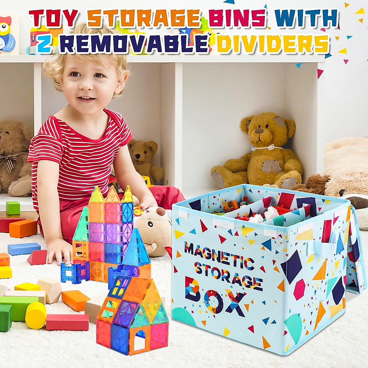 MUOUAKATE Magnetic Tiles Toy Organizer Box, Magnetic Tiles Toy Carry Case with Dividers, Playroom Organizer Travel Storage Organizer Bin, Magnetic holder Foldable Storage Cubes Bins and Lid