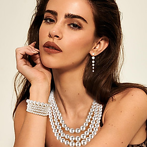 FINREZIO Women's Faux Three Multi-Strand Pearl Necklace Long Pearl Dangle Earrings and Bracelet Jewelry Set for Women