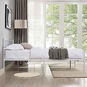 VECELO 14" Full Size White Metal Platform Bed Frame with Headboard,Premium Steel Slat Support/No Box Spring Needed/Noise-Free/Easy Assembly