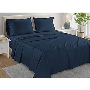 100% Egyption Cotton Queen Size Solid Sheet Set & Striped Sheets Set of 2 Combo- 800 Thread Count Sateen Weave Queen Size Solid Sheets & Striped Sheets, Deep Pocket Cotton Bedsheets - Dark Denim