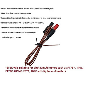 80BK-A Type K Thermocouple, Temperature Bead Probe, Clamp - Multimeter Compatible with for Fluke F17B+,F116C,F87-V,F28LL,F179,F287,F289,F189.