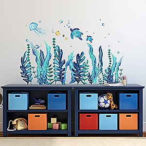 5 Sheets 3D Under The Sea Seaweed Wall Decals Sea Turtles Wall Stickers Ocean Grass Jellyfish Fish Removable Vinyl Wall Sticker for Kids Baby Bedroom Bathroom Living Room Wall Decor (Classic Style)