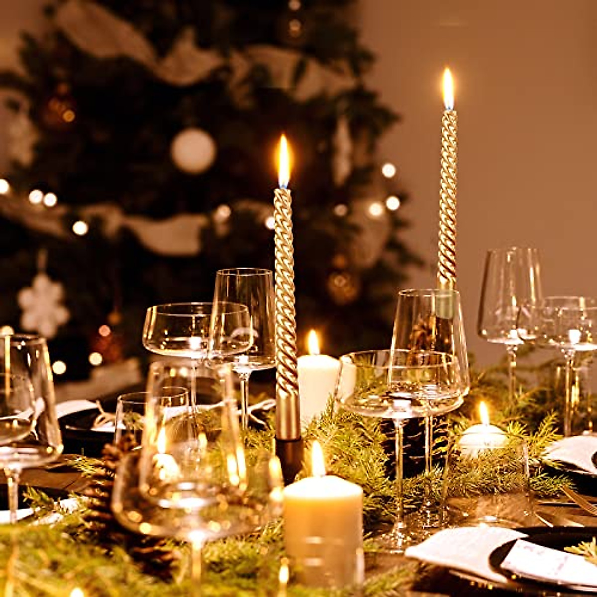 Kandelo Tall Metallic Spiral Candle - 10Inch Metallic, Dripless, Unscented Dinner Candle - Paraffin Wax with Cotton Wicks -Individually Wrapped Long CandleUnscented Dinner Candle (4 Spiral Golden)