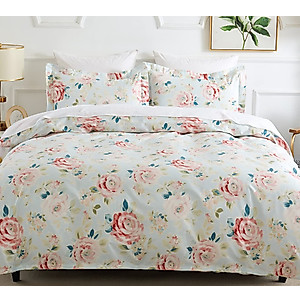DAUAOTO Queen Size 90"X90" Duvet Cover Set, Bedding Cotton Floral Print Pattern for Teens Girls, Rose Flower Garden