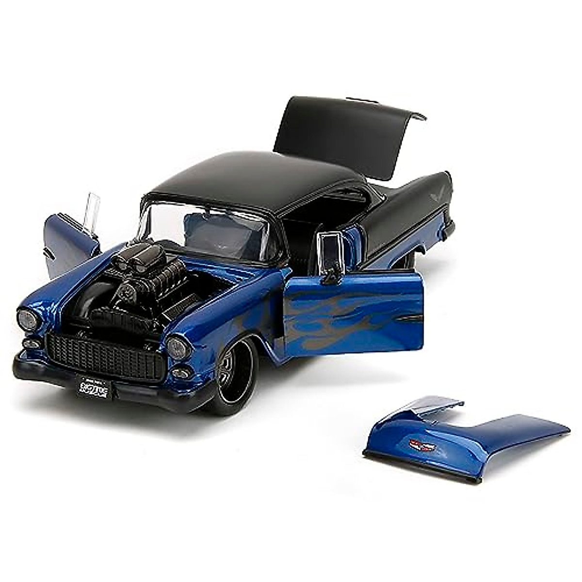 1955 Chevy Bel Air Blue Metallic and Black with Black Flames Bigtime Muscle Series 1/24 Diecast Model Car by Jada 34721