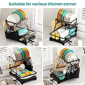 Elerator Dish Drying Racks for Kitchen Counter, Large 2 Tier Dish Rack with Drainboard, Rust-Proof Metal Dish Drainers with Detachable Cup Holder, Cutlery Holder, Cutting Board Holder.