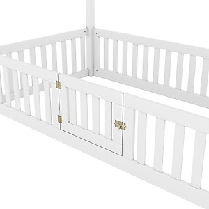 P PURLOVE Twin Size Floor House Bed Frame,Wood Montessori Floor Bed Frame with Fence for Boys,Girls,White