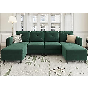 HONBAY U Shaped Sectional Sofa Convertible Couch with Double Chaises 4 Seat Sofa with Two Ottomans, Velvet Green