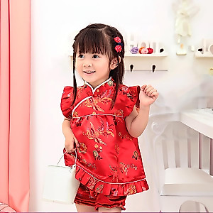 FANCYKIDS Girls Chinese New Years Traditional Qipao Cheongsam Dress Shorts Outfit Set (RedCircle, 6-12 Months)
