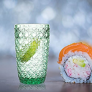 GYRUT Unique Green Drinking Glasses[Set of 4], 14oz Glass Cups for Water, Juice, and Ice Tea, Vintage Chic Glassware, Lead-free Crystal Highball Tumbler, Dishwasher Safety