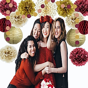 Maroon and Gold Graduation Decorations 2024 Burgundy Party Decorations Paper Pom Poms Lanterns Rose Gold Glitter Dots Hanging Party Garland for Burgundy Birthday Bridal Shower Bachelorette Party Decor