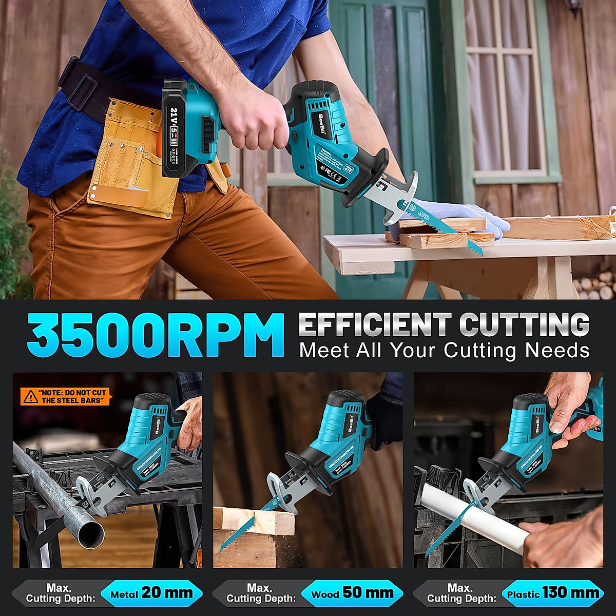 Reciprocating Saw Cordless, Sawzall Cordless with 2 x 2.0Ah Batteries, 3500RPM Brushless Power, LED Light, Tool-free Blade Change 8 Saw Blades Portable Reciprocating Saw for Wood PVC Cutting