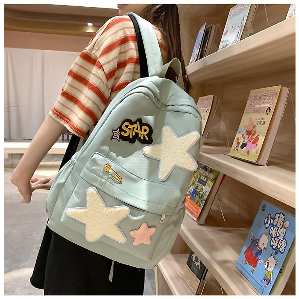 LELEBEAR Y2k Backpack for Women, Kawaii Star Backpack Aesthetic Backpack Casual Daypack for Hiking Travel (Green)