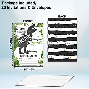 NYCTUG Stomp Chomp Roar Dinosaur Fill-In Birthday Invitation(4" X 6"), T-Rex Double-Sided Party Invites-20 Invitations With Envelopes-Party Supplies-A03