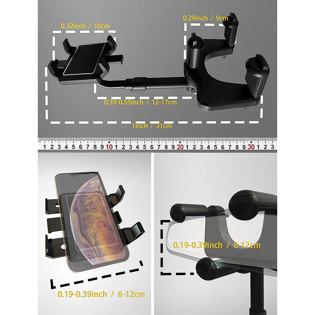 360°Rotatable and Retractable Car Phone Holder, Multifunctional Adjustable Mount, Universal Rearview Mirror Phone Holder for All Mobile Phones