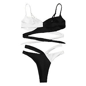Lilosy Sexy Wrap Criss Cross Cutout Two Tone Color Block High Cut Leg Thong Brazilian Bikini Swimsuit Set Women Cheeky Bottom Tie Back Bathing Suit 2 Piece White and Black 2# Medium