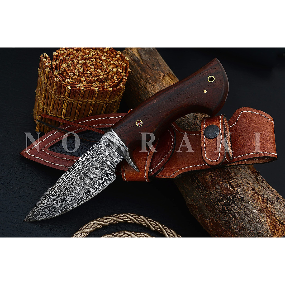SBK162 Custom Handmade Damascus Steel Knife - Full Tang Rosewood Handle, with Leather Sheath 10inches