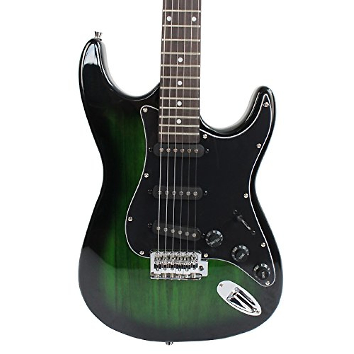 Stedman Pro EG39-TGRB-10W Beginner Series Electric Guitar with Case, Strap, Cable, Capo, Picks, Electronic Tuner, String Winder and Polish Cloth, 10W Amp, Transparent Green/Black Picguard