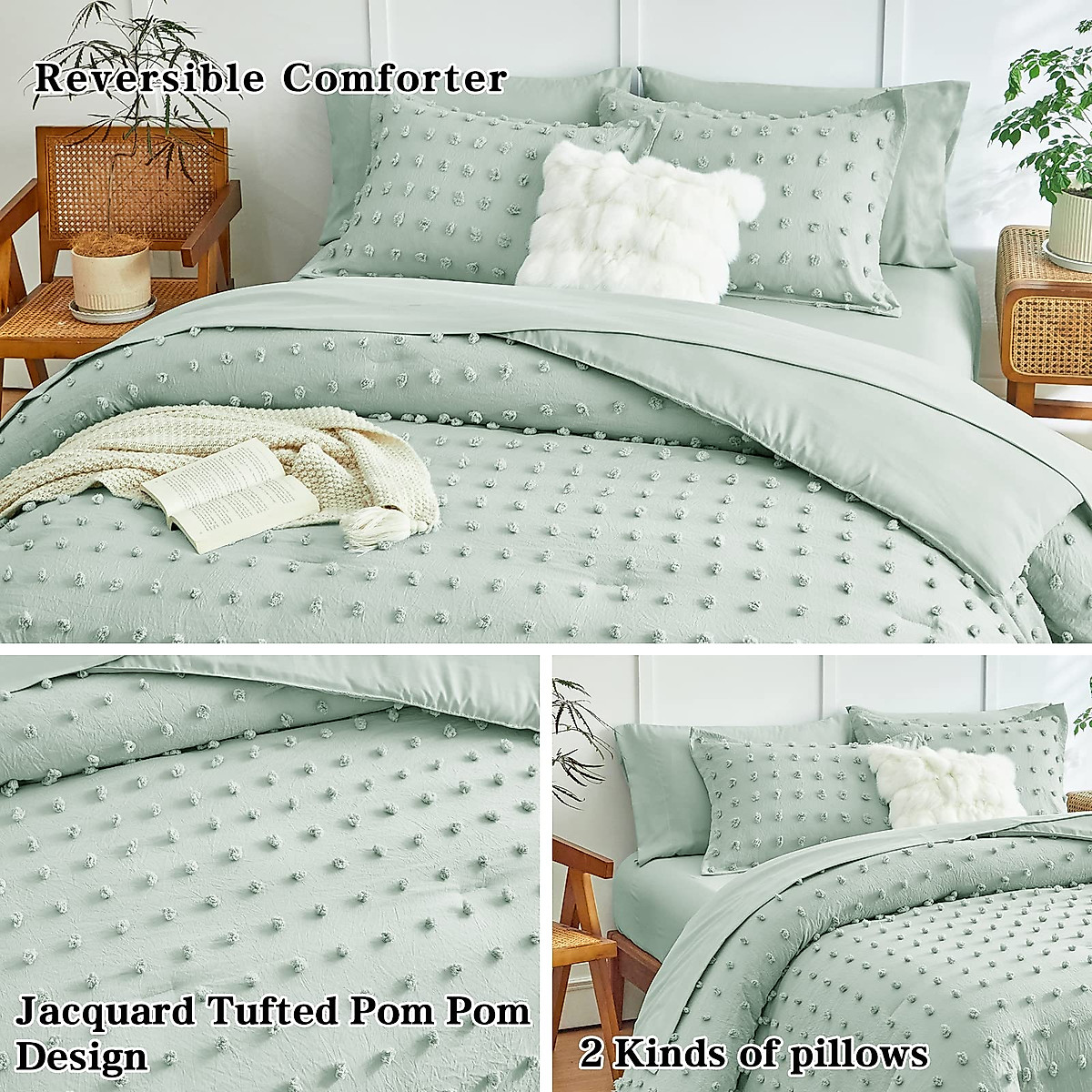 6 Pieces Tufted Dots Bed in a Bag Twin Comforter Set with Sheets Green , Soft and Embroidery Shabby Chic Boho Bohemian Comforters, Solid Color with Pom Pom Design, Jacquard Tufts Bedding Set for Kids