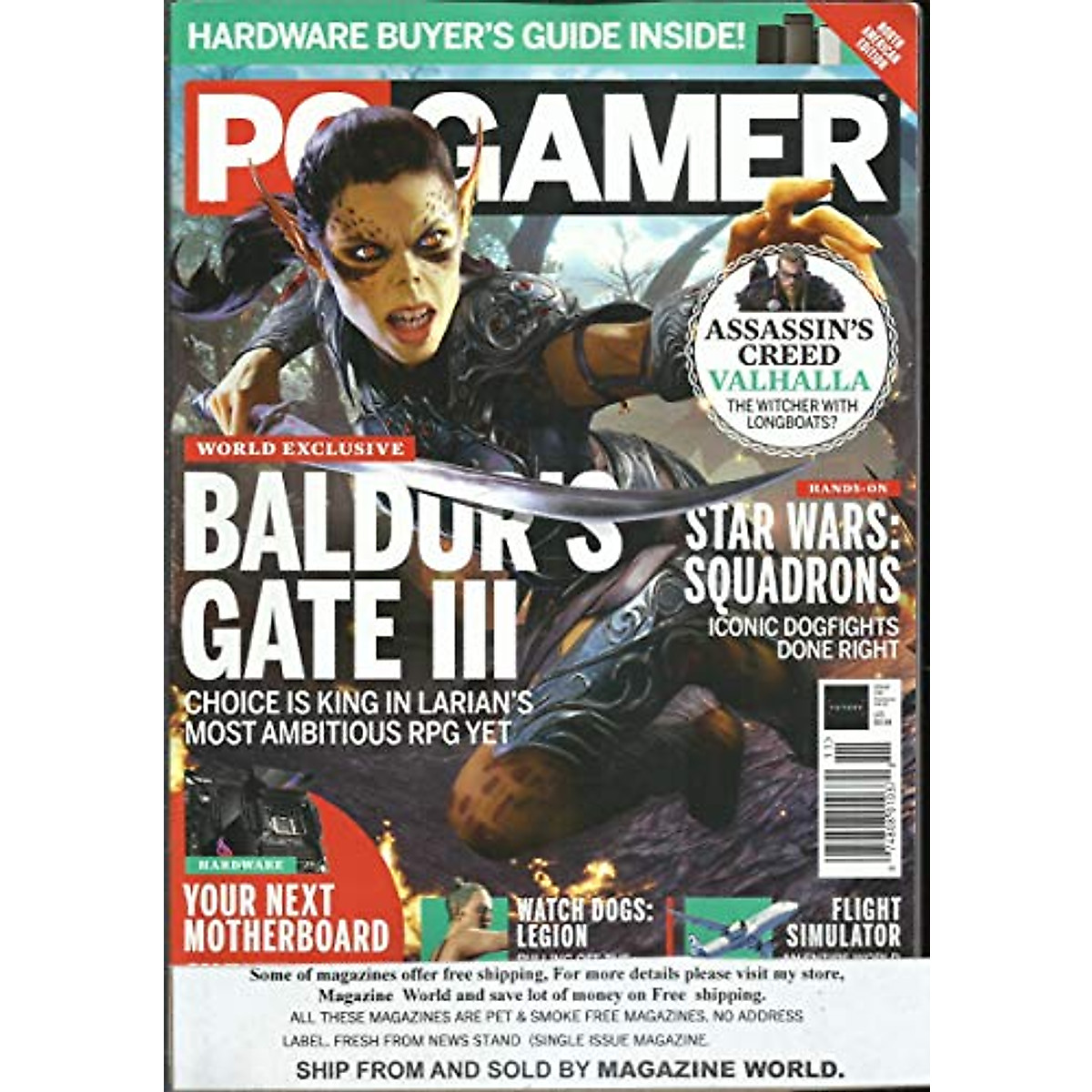PC GAMER MAGAZINE, BALDUR'S GATE III * STAR WARS SQUADRONS NOVEMBER, 2020 #336 ( PLEASE NOTE:: ALL THESE MAGAZINES ARE PET & SMOKE FREE MAGAZINES. NO ADDRESS LABEL. FRESH FROM NEWS STAND (SINGLE ISSUE MAGAZINE )