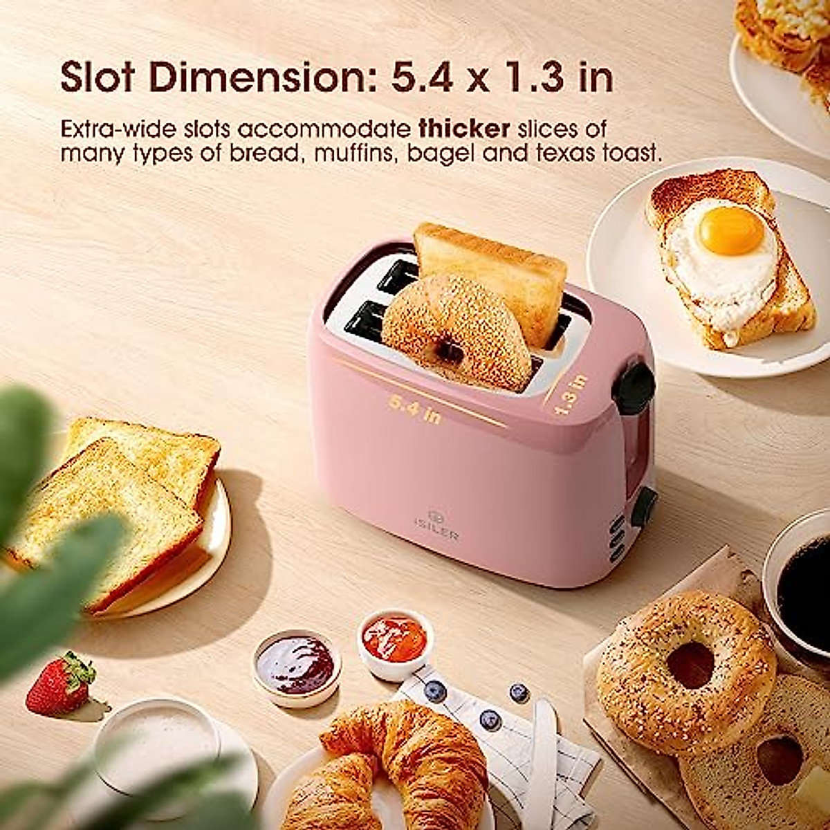 iSiLER 2 Slice Toaster, 1.3 Inches Wide Slot Bagel Toaster with 7 Shade Settings and Double Side Baking, Compact Bread Toaster with Removable Crumb Tray, Defrost Cancel Function Pink
